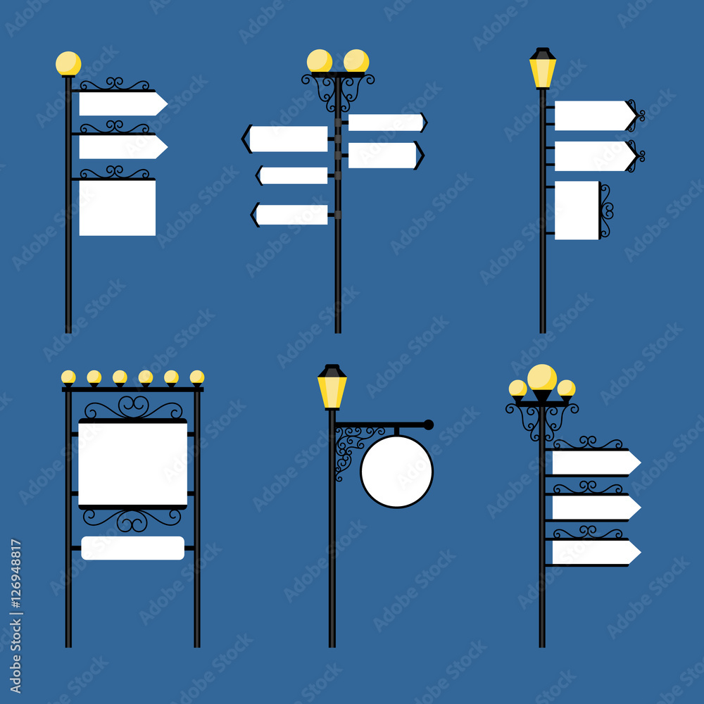 Street lights with streets read signs like arrows and frames, retro ...