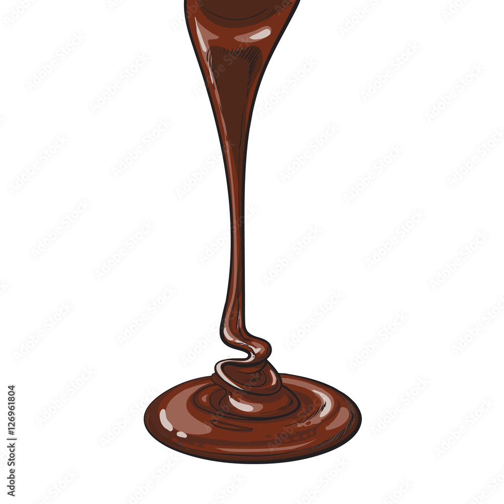 Dark chocolate topping flowing down, sketch style vector illustration ...