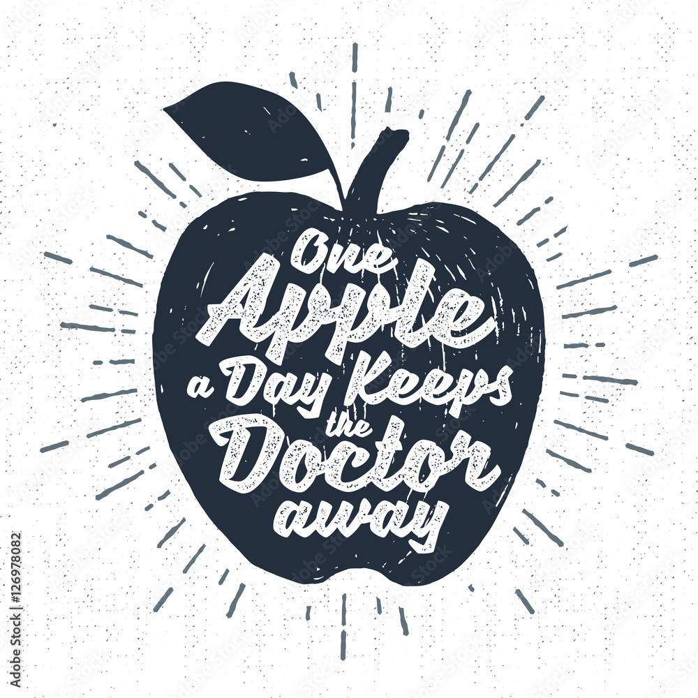 Hand drawn label with textured apple vector illustration and "One apple ...
