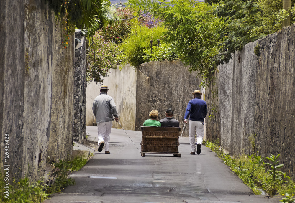 Portugal, Madeira, Funchal, Carreiros do Monte, Wicker Toboggan Sled ...