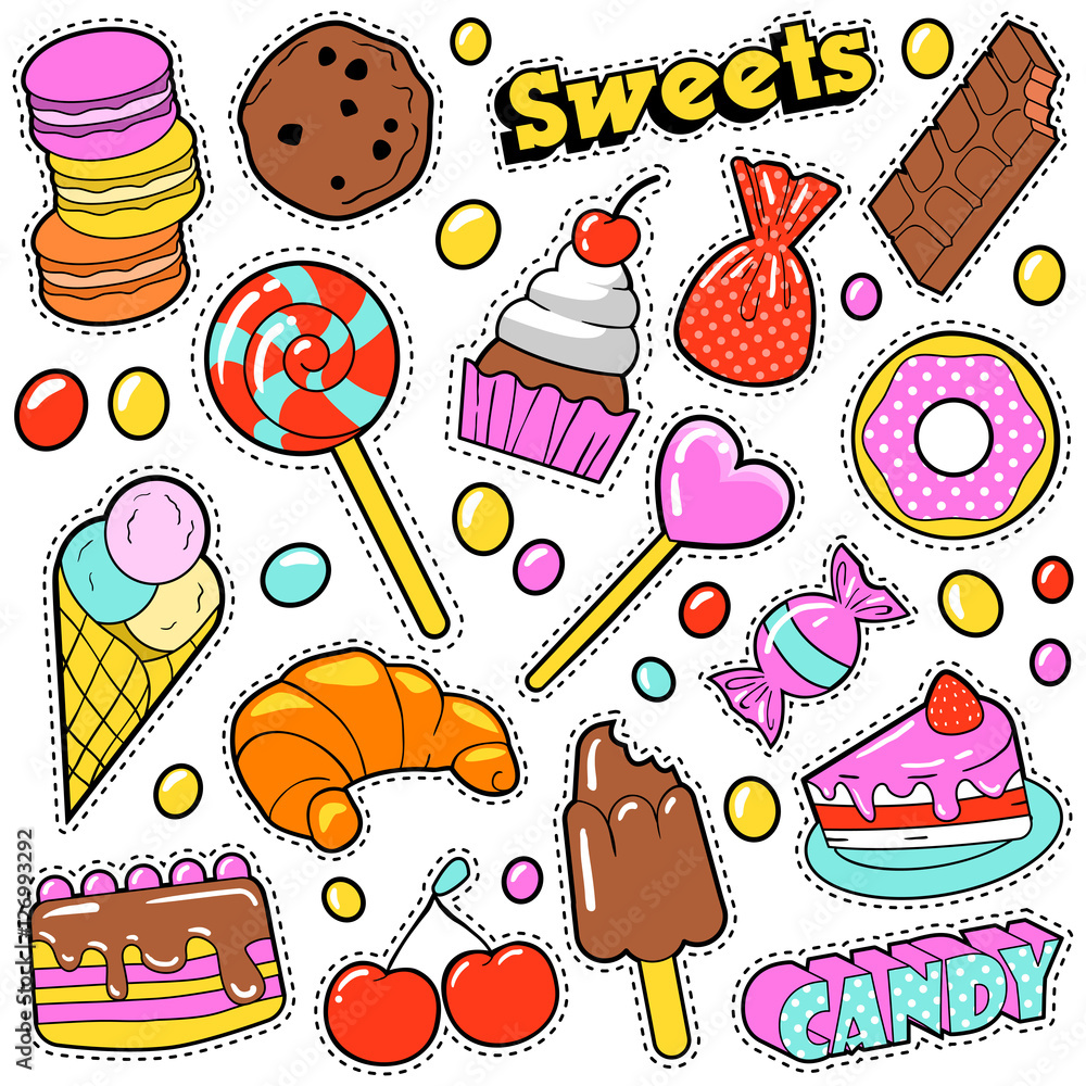 Sweet Food Badges Set with Patches, Stickers, Candies, Cakes, Ice Cream ...