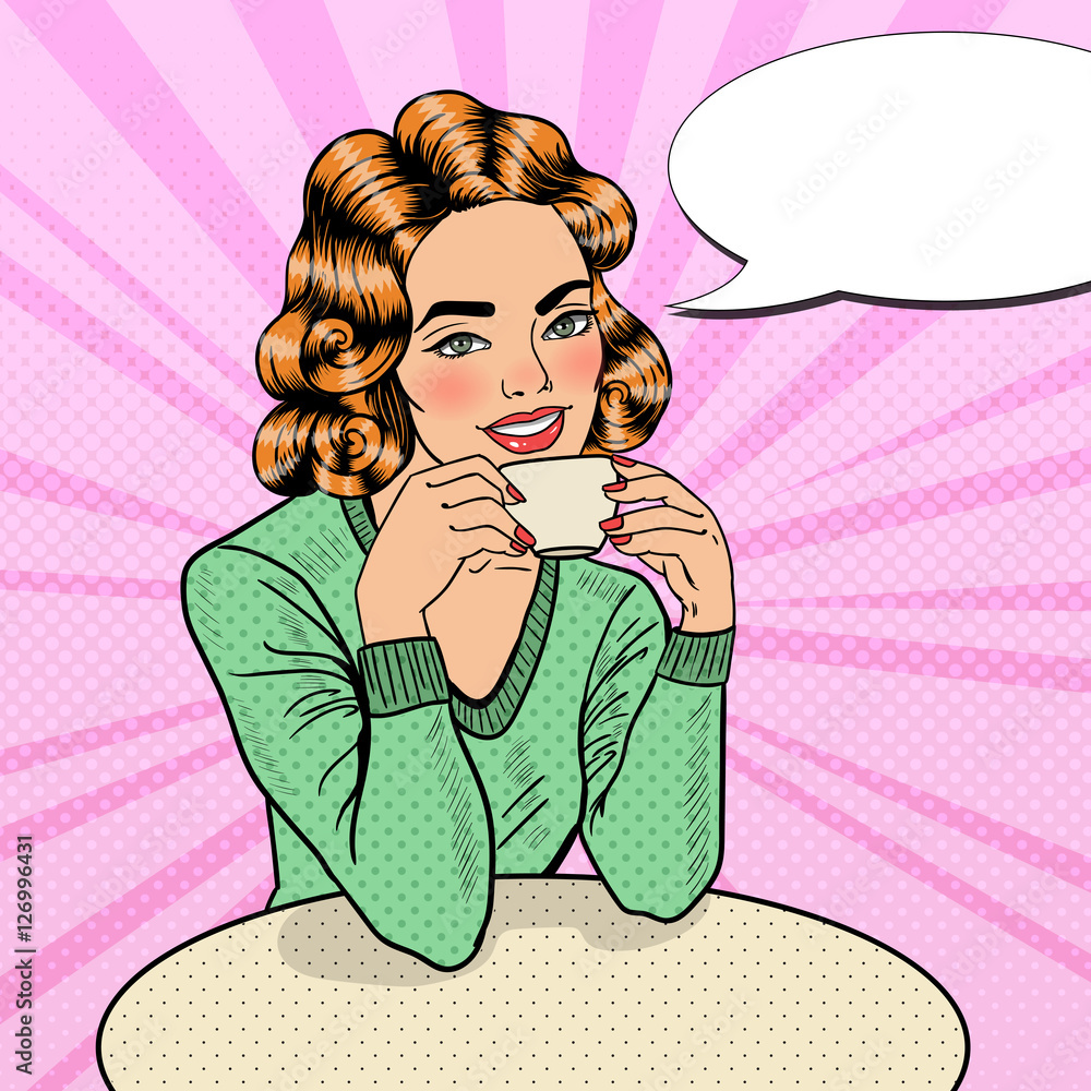 Pop Art Young Beautiful Woman Drinking Coffee In Cafe Vector