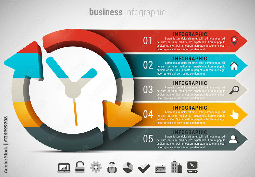 Arrow Clock Element Infographic with Grayscale Icon Set Stock Template ...