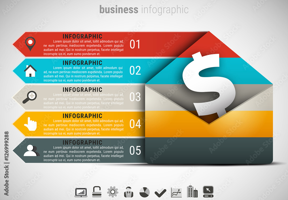 Envelope and Dollar Sign Element Infographic with Grayscale Icon Set ...