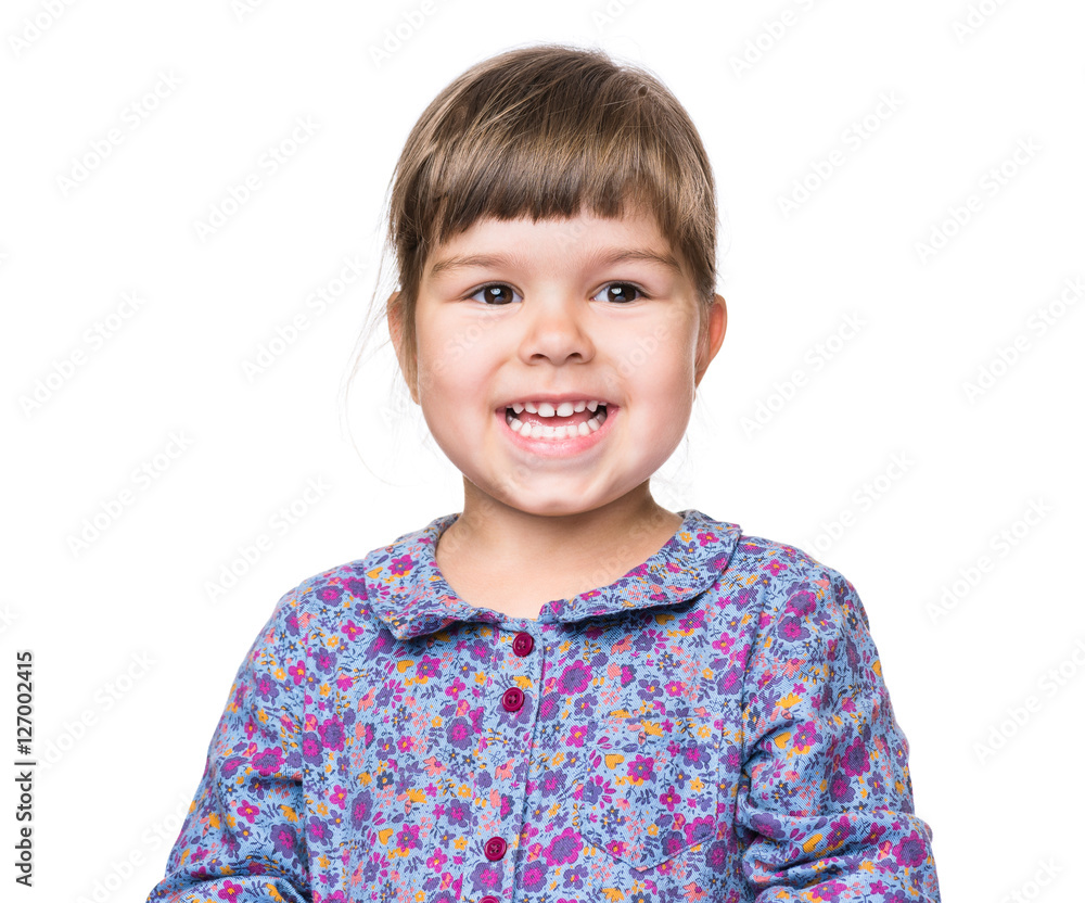 Emotional portrait of a 3 years old girl, laughing. Cute caucasian baby ...