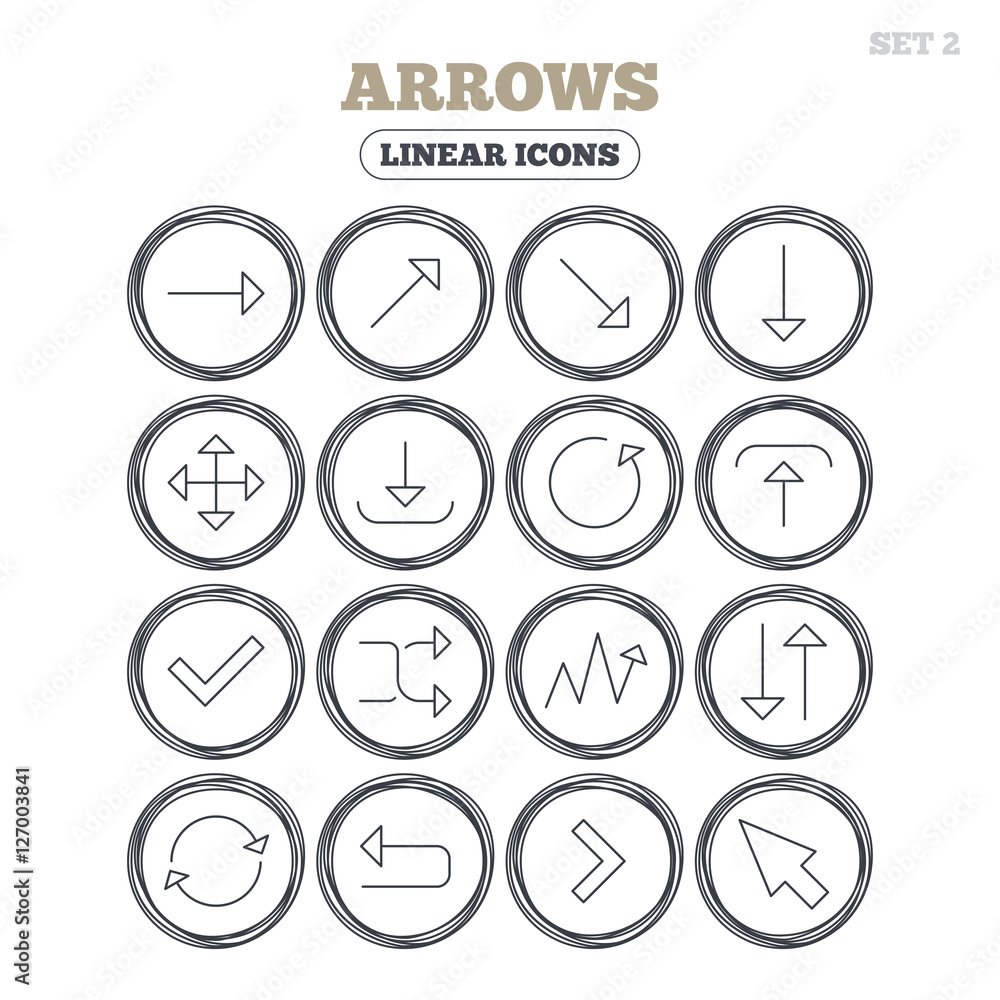 Arrows line icons. Download, upload, check or tick symbols. Refresh ...