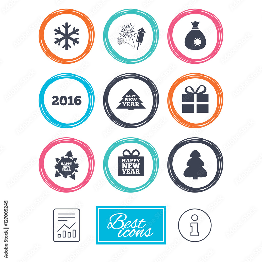 Christmas, new year icons. Gift box, fireworks and snowflake signs ...