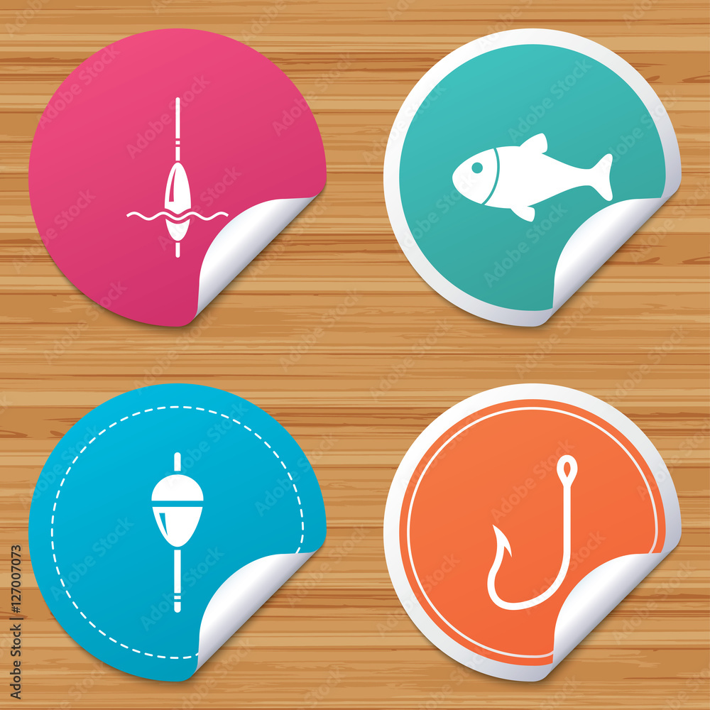 Round stickers or website banners. Fishing icons. Fish with fishermen ...