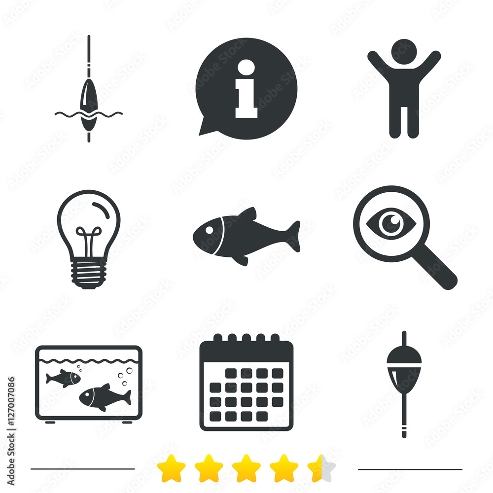 Fishing icons. Fish with fishermen hook sign. Float bobber symbol ...