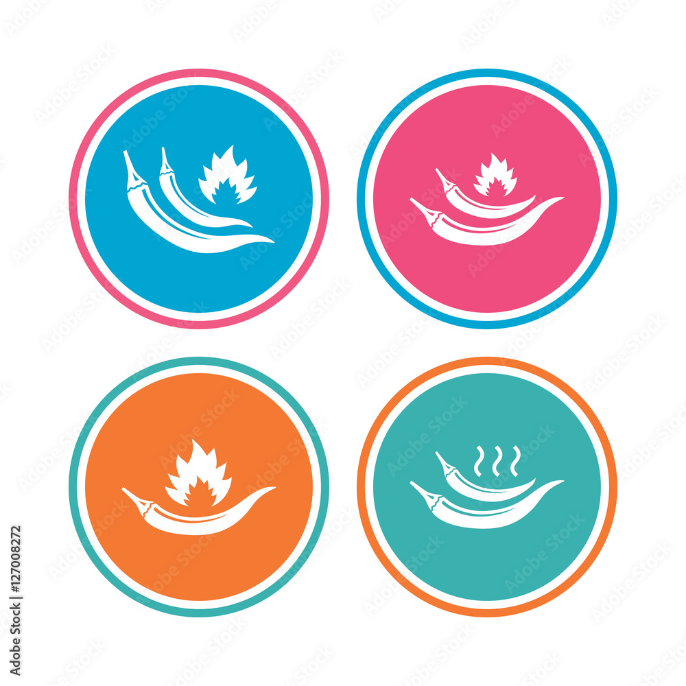 Hot chili pepper icons. Spicy food fire sign symbols. Colored circle ...