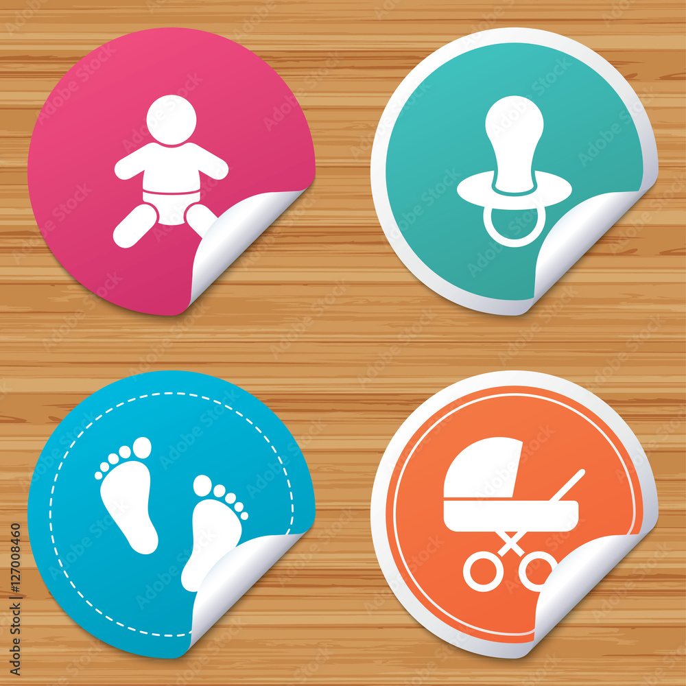 Round stickers or website banners. Baby infants icons. Toddler boy with ...