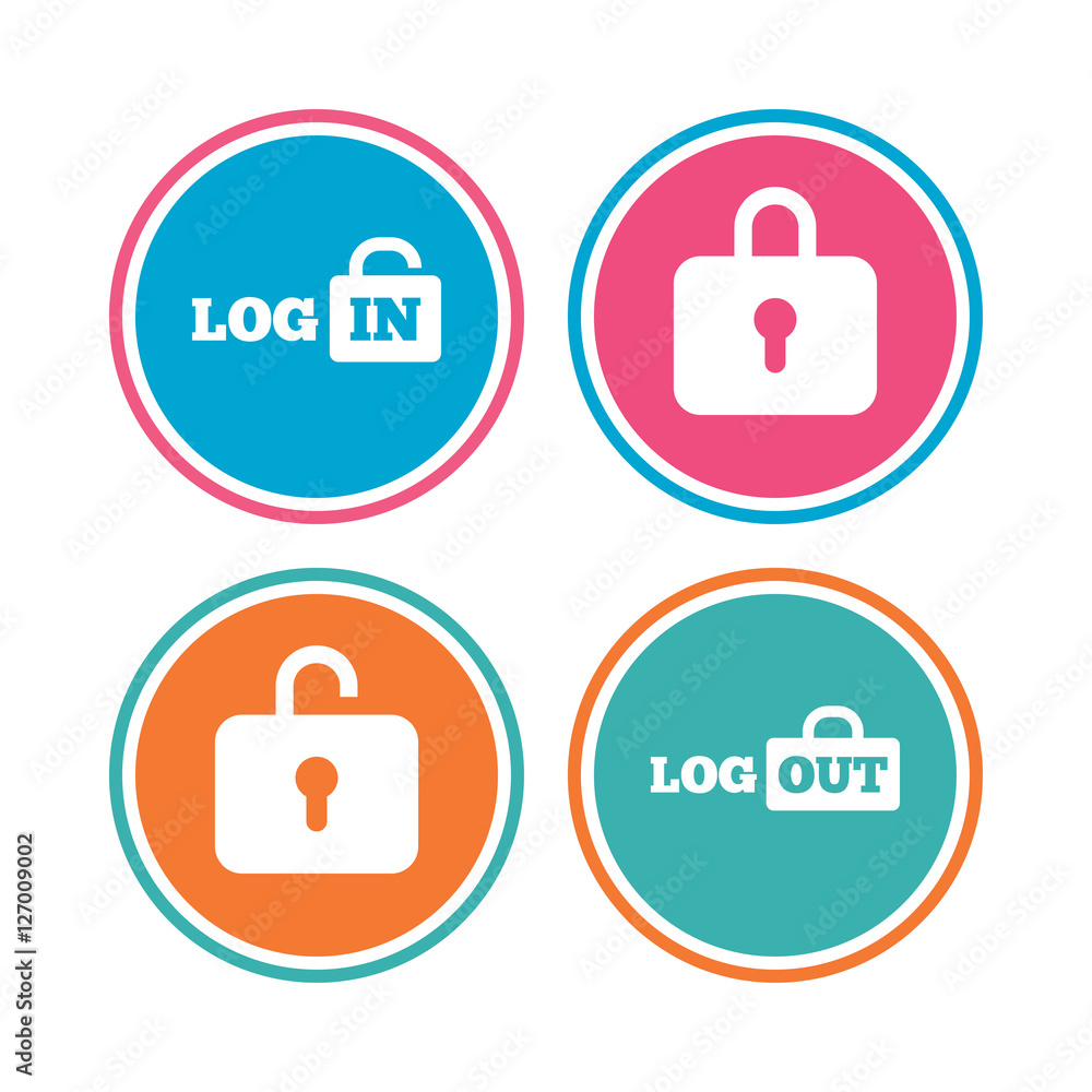 Login and Logout icons. Sign in or Sign out symbols. Lock icon. Colored ...