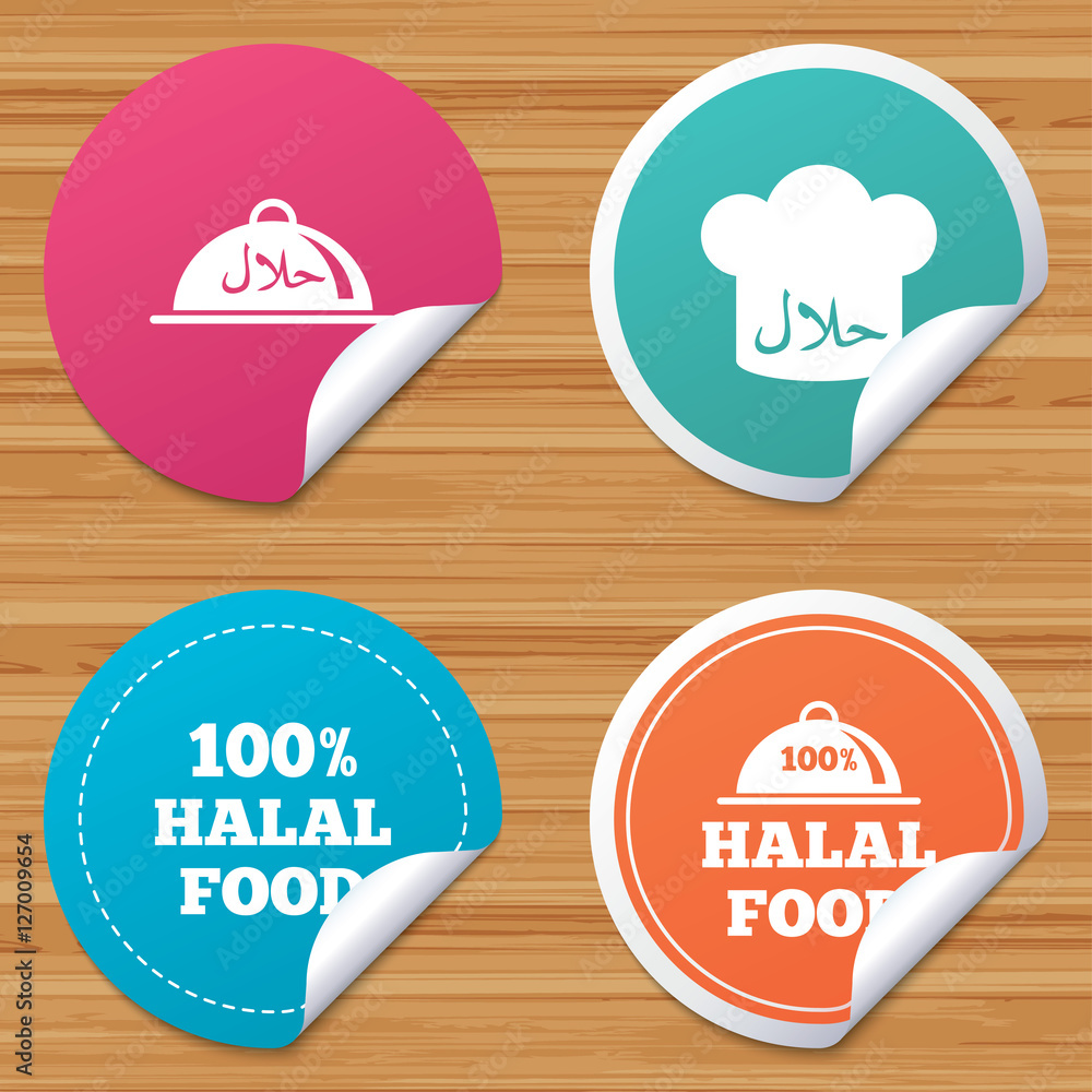 Round stickers or website banners. Halal food icons. 100% natural meal ...