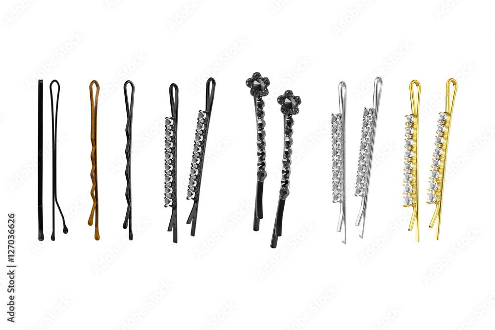 Set of seven different types of metallic hair pins, isolated Stock ...