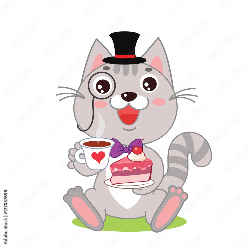 Funny Cat In Bowler Hat And Monocle And Cake In His Hands. Vector ...