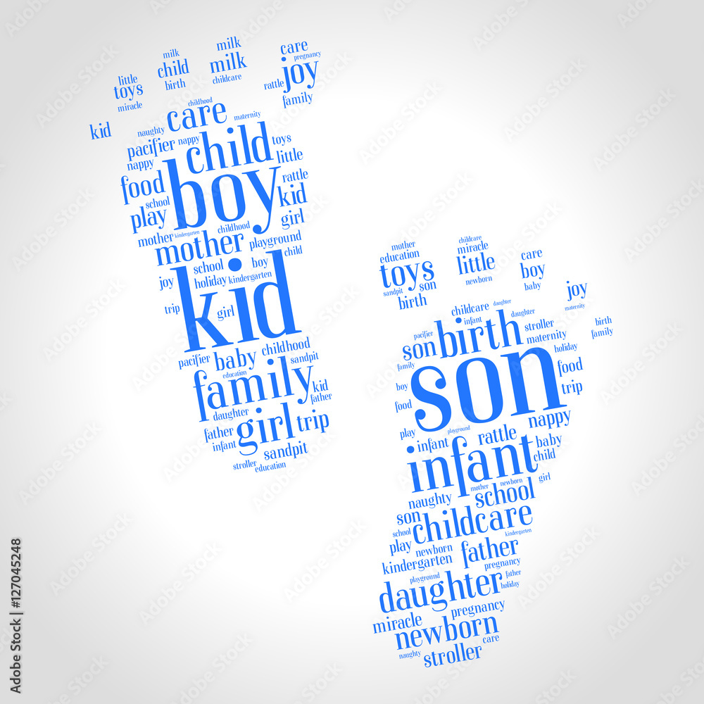 Son. Word cloud, foot, gradient grey background. Family concept. Stock ...