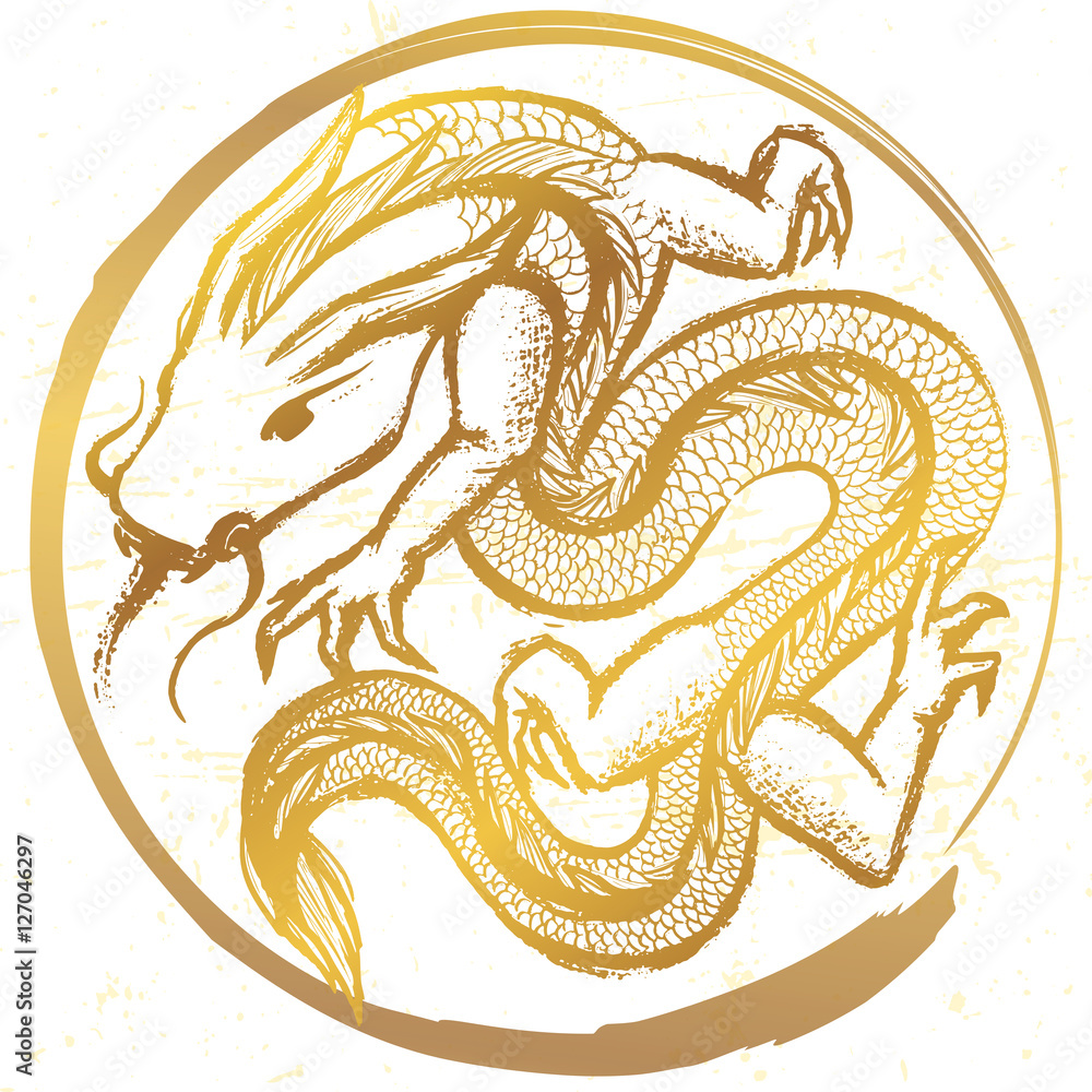 Ink hand drawn stylized chinese dragon round emblem Stock Vector ...