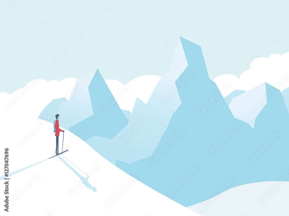 Skiing in mountains vector illustration with skier and high peaks in ...