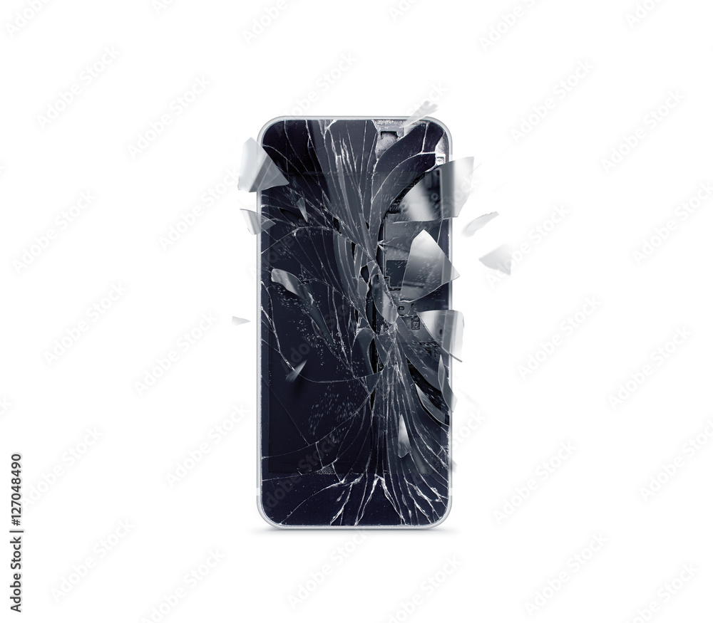 Broken mobile phone screen, scattered shards, 3d rendering. Smartphone ...