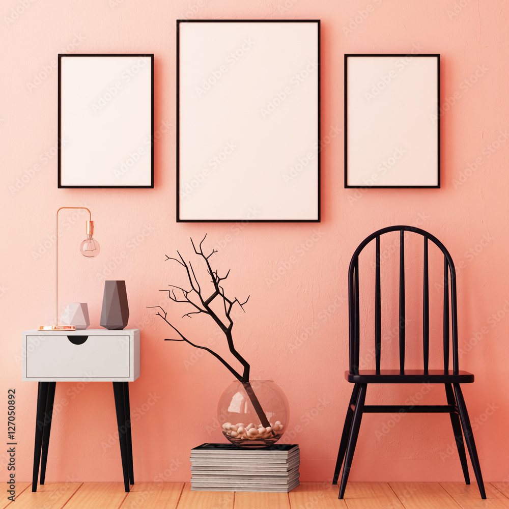 mockup posters in the frame on a light background in the interior. 3d ...