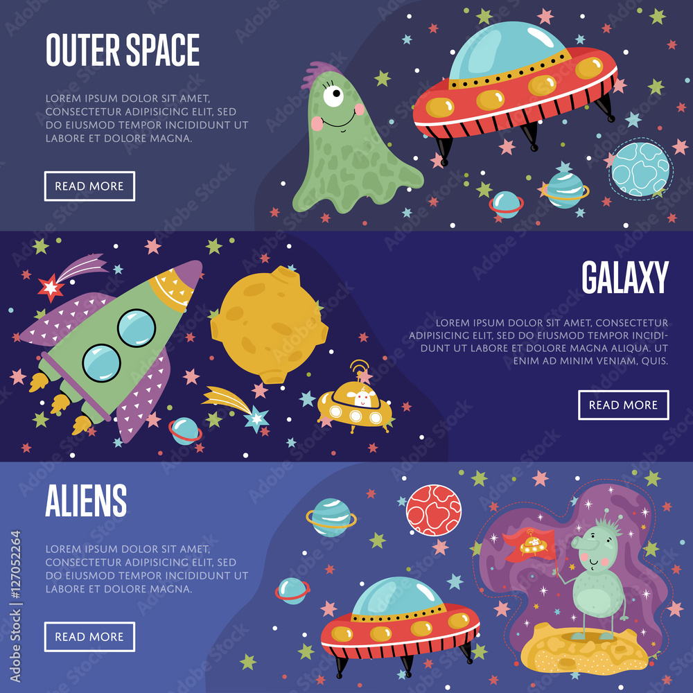 Outer space, galaxy, aliens cartoon banners. Funny alien character ...