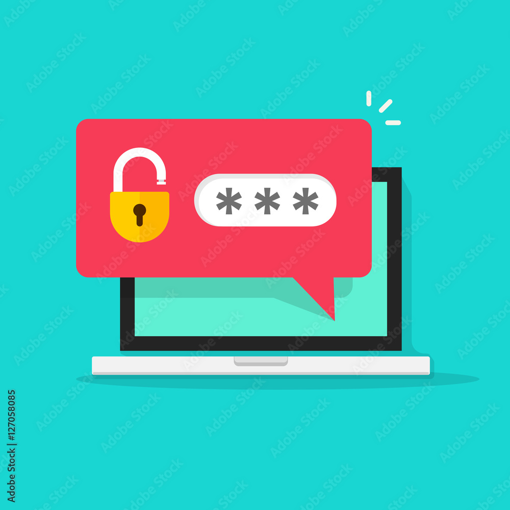 Laptop with password secure notification and lock notice icon vector ...