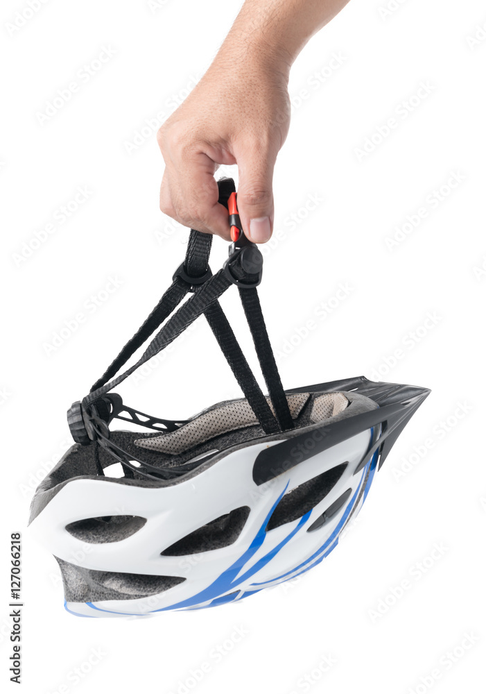 Hand man holding bicycle mountain bike safety helmet isolated Stock ...