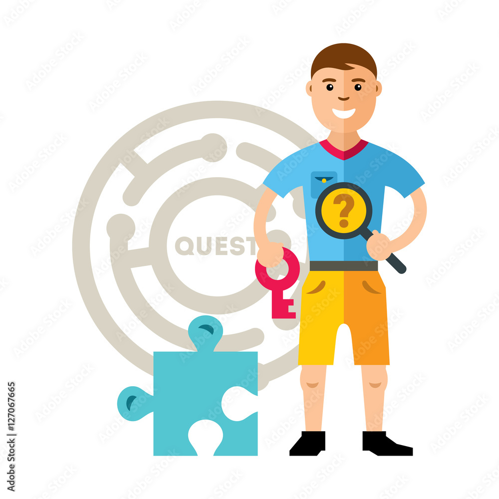 Vector Quest room and man. Flat style colorful Cartoon illustration ...