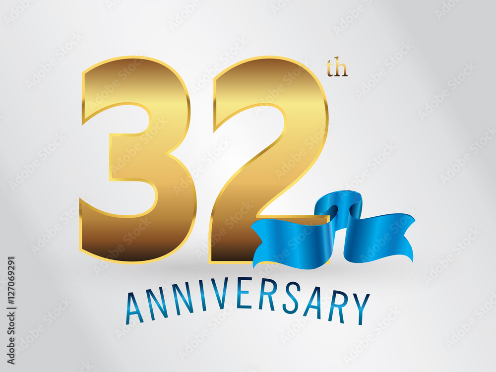 32 Years Anniversary Gold Logo and Blue Ribbon Stock Vector | Adobe Stock