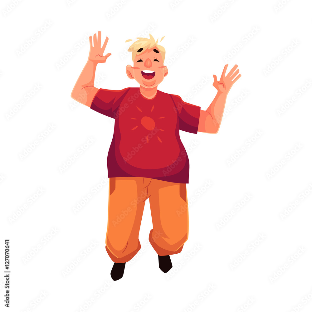 Young, happy fat man in casual clothing jumping happily, cartoon vector ...
