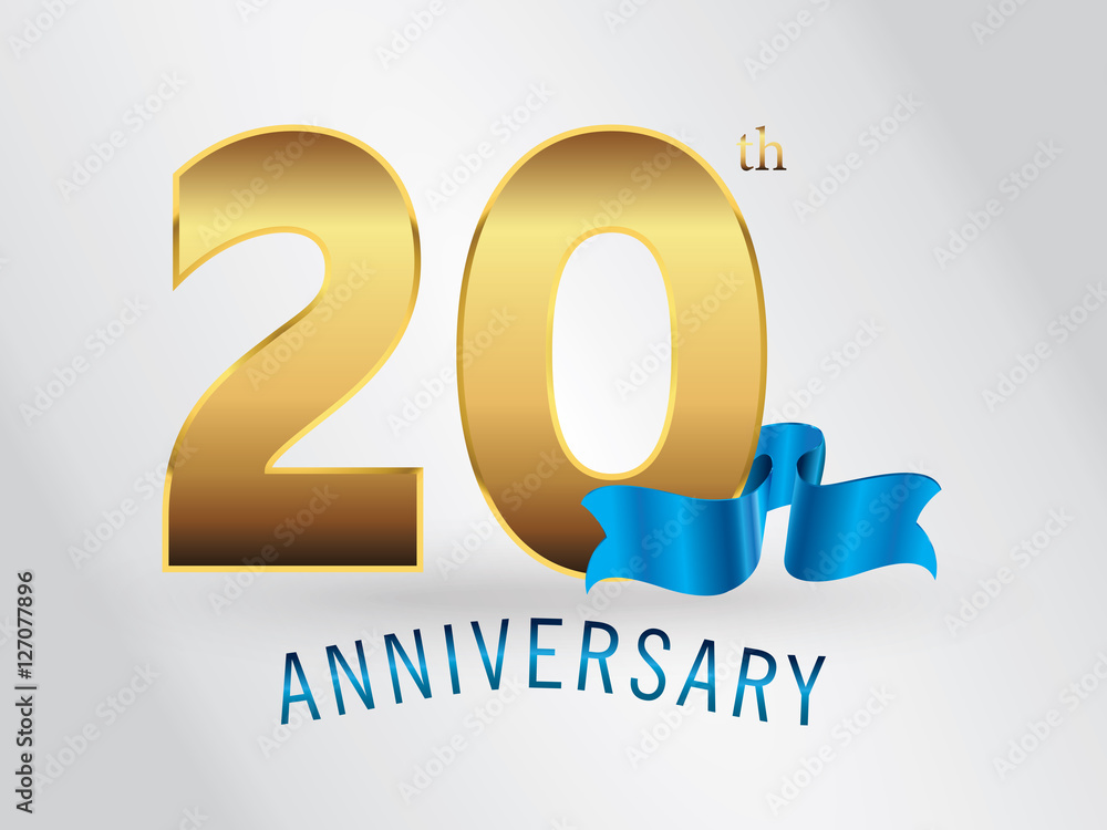 20 Years Anniversary Gold Logo and Blue Ribbon Stock Vector | Adobe Stock
