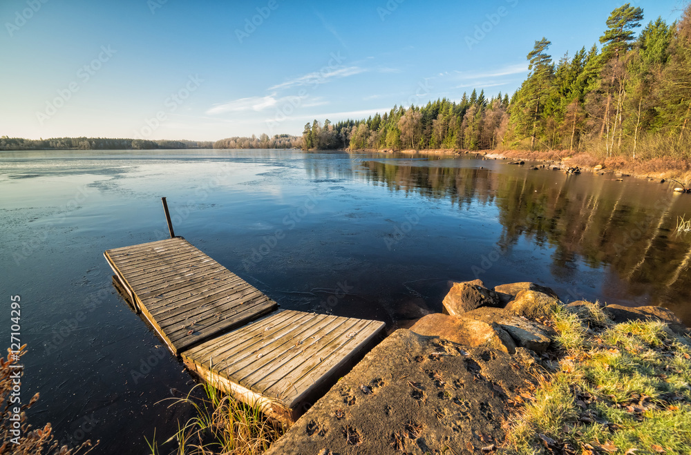 November landscape over natural Swedish lake Stock Photo | Adobe Stock