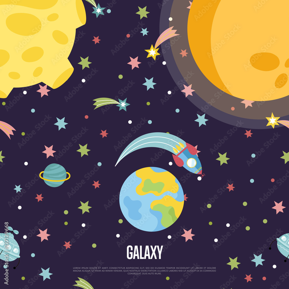 Galaxy cartoon web template. Spaceship flying in outer space among ...