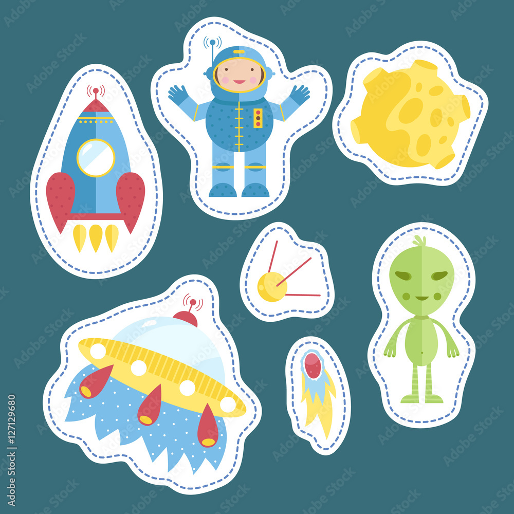 Space cartoon stickers. Astronaut, spaceship. flying saucer, satellite ...