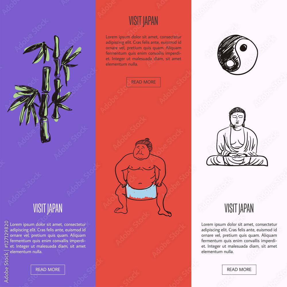 Visit Japan vertical web banners. Bamboo, sumo wrestler, meditating ...