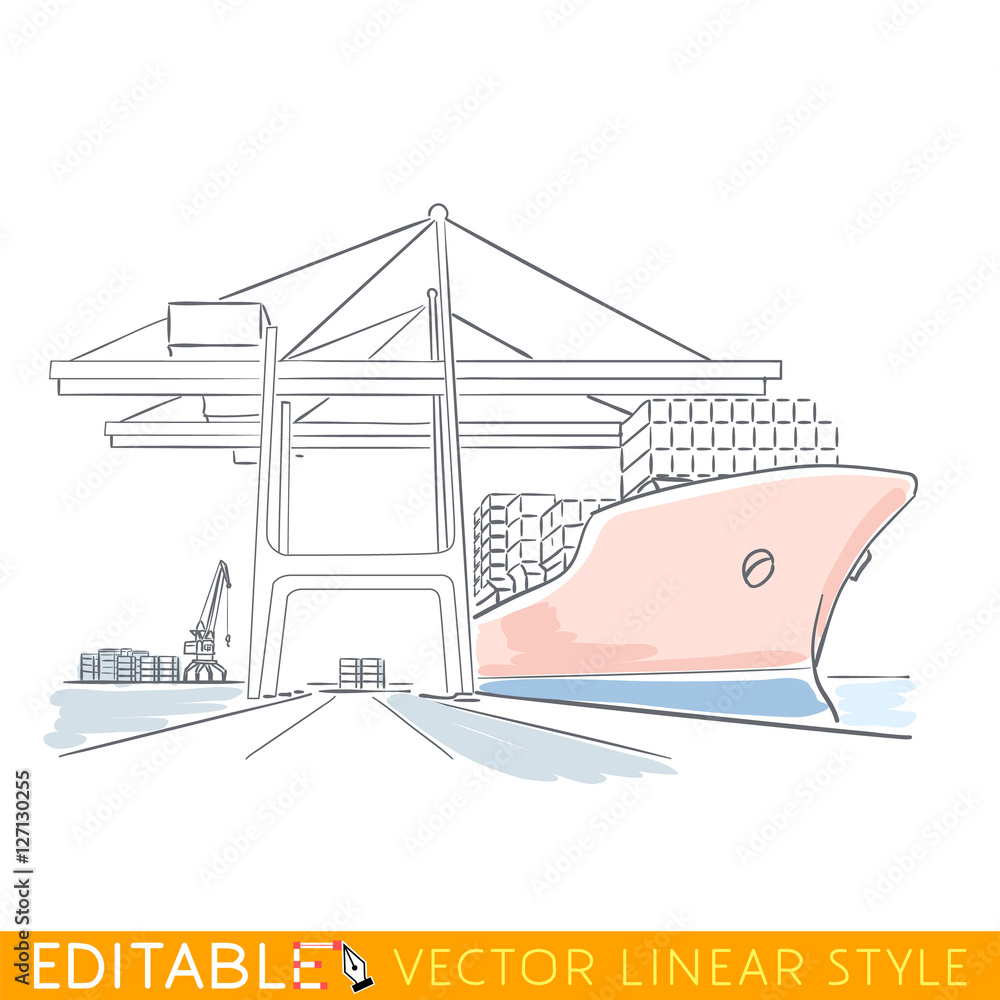 Harbor cranes are loaded container ship in port. Editable outline ...