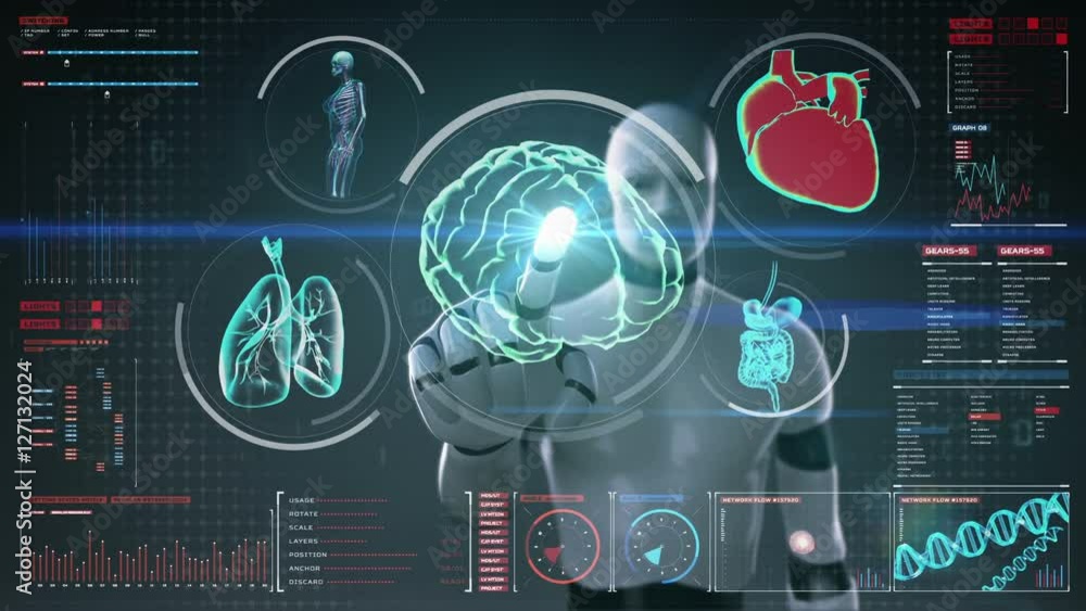 Robot, cyborg touching digital screen, Scanning brain, heart, lungs ...