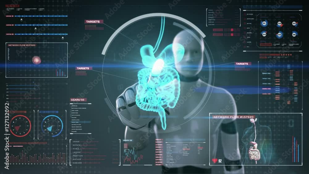 Robot, cyborg touching digital screen. Zooming body scanning internal ...