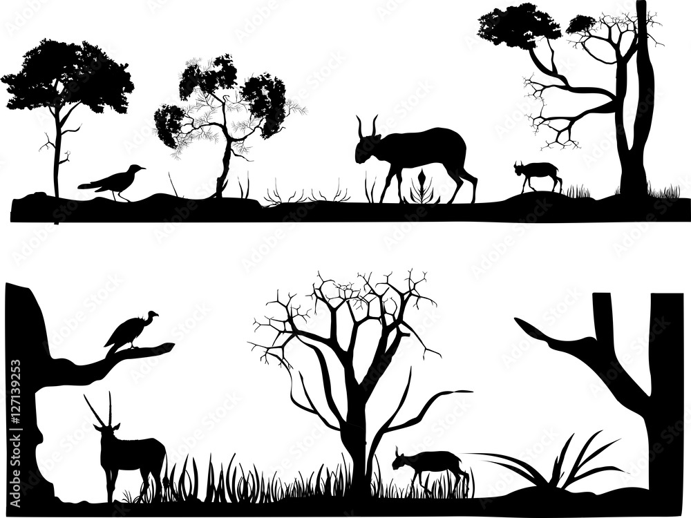 Set if horizontal illustration of silhouettes of wildlife scene with ...
