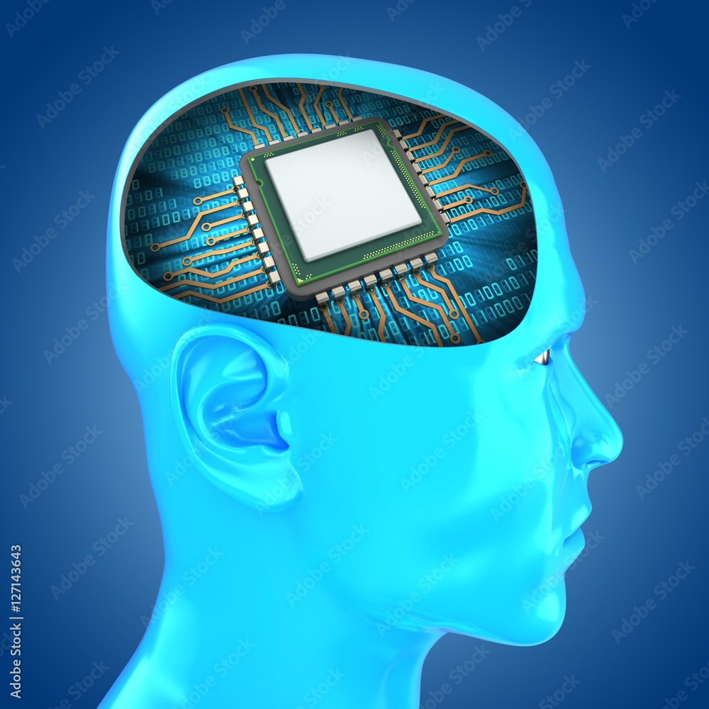 3d illustration of microchip inside head over blue background Stock ...