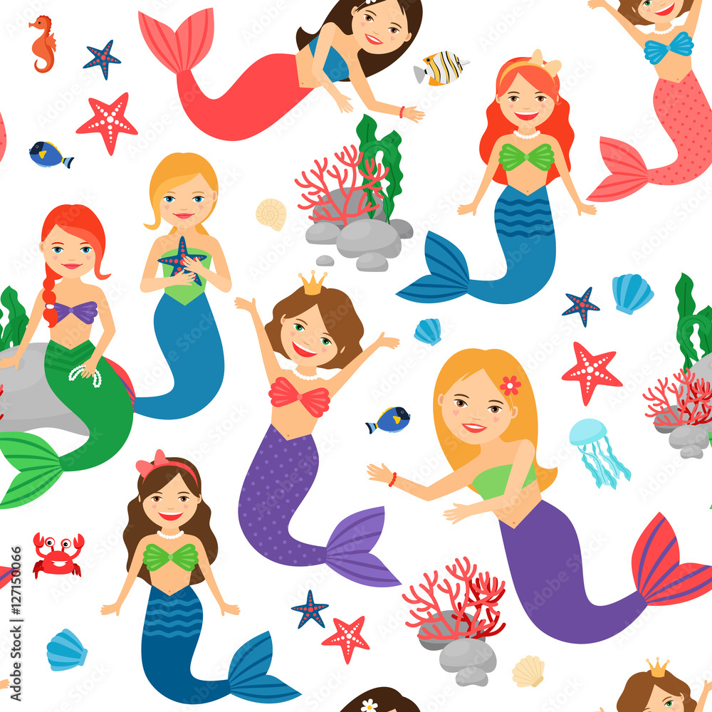 Cartoon mermaid seamless pattern on transparent background. Vector ...