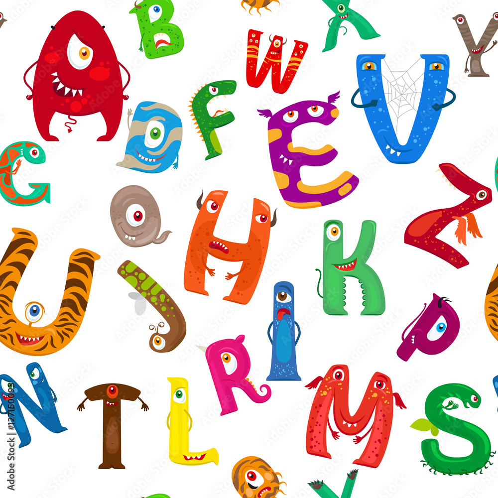 Cartoon colorful monsters alphabet seamless pattern. Vector ...