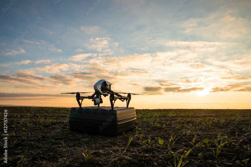 Professional drone on ground, from below angle.Selective focus ...