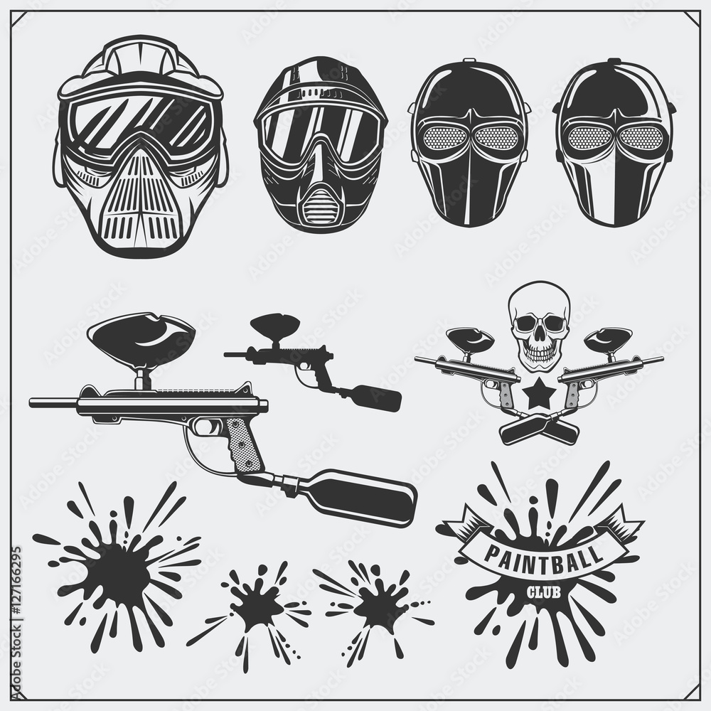 Set of paintball club labels, emblems, symbols, icons and design ...