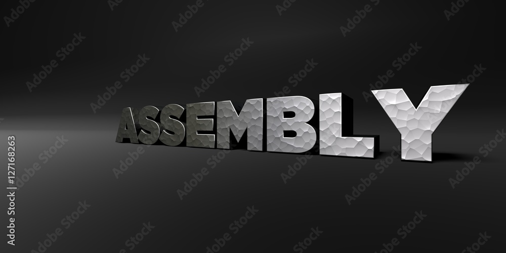 ASSEMBLY - hammered metal finish text on black studio - 3D rendered ...