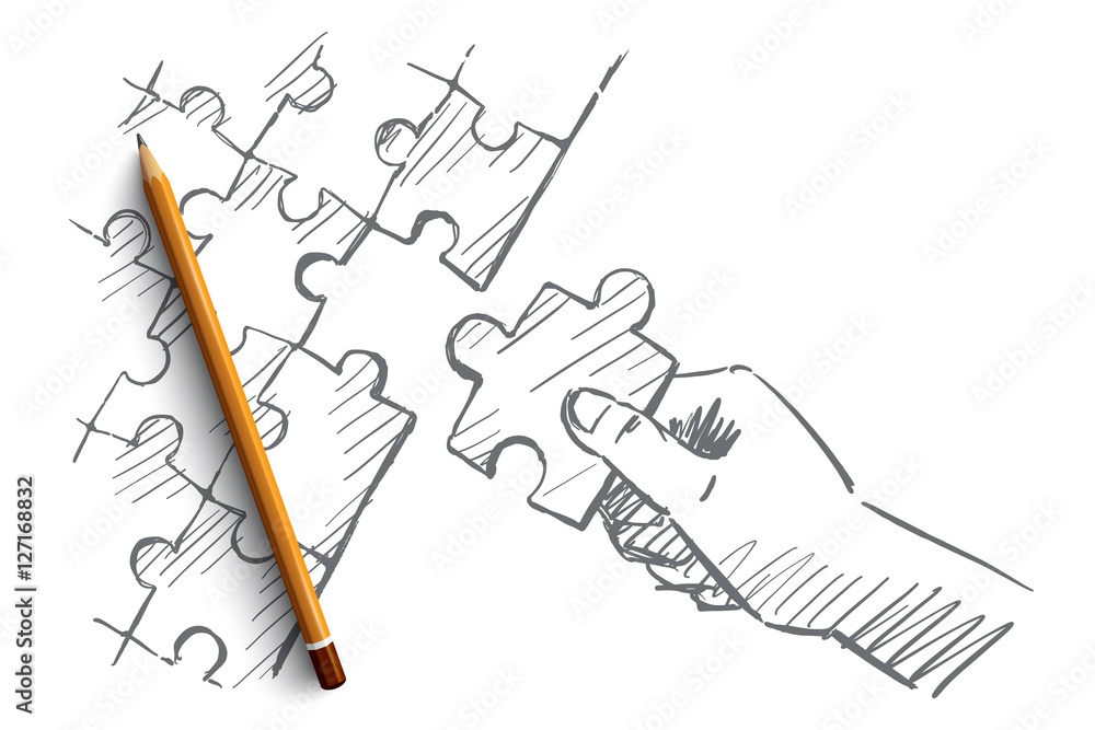 Vector hand drawn puzzle hand concept sketch with pencil over it. Human ...