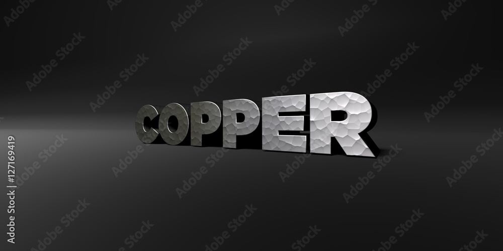 COPPER - hammered metal finish text on black studio - 3D rendered ...