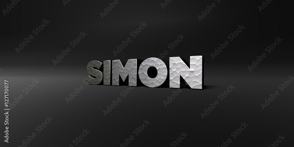 SIMON - hammered metal finish text on black studio - 3D rendered ...