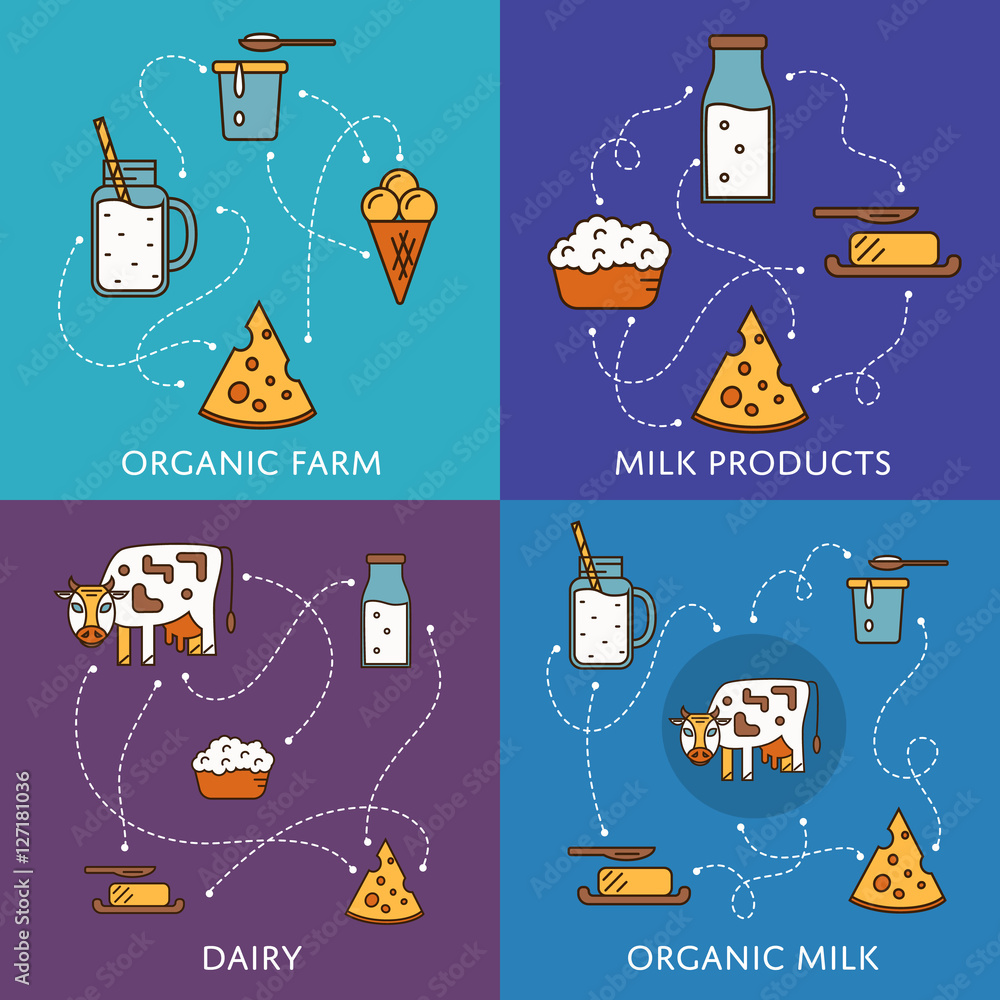 Four dairy banners with different milk products compositions and cow ...