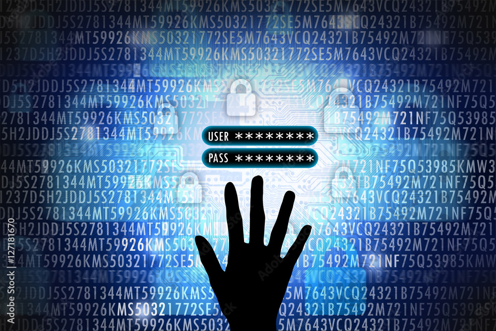 Phishing or hacking concept with black hand stealing password to hack personal information or ...